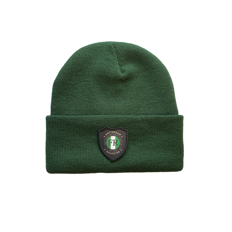 Muts beanie groen met badge - FR - Wat gaan we doen vandaag - logo voo ...